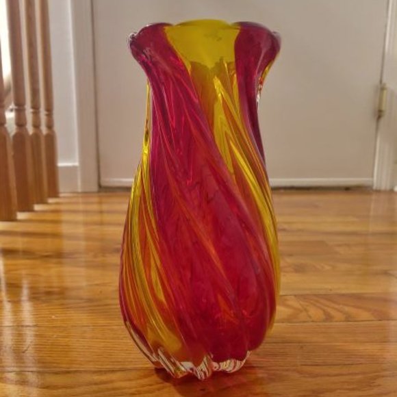 Accents | Hand Blown Art Glass Red And Yellow Swirl Vase | Poshmark